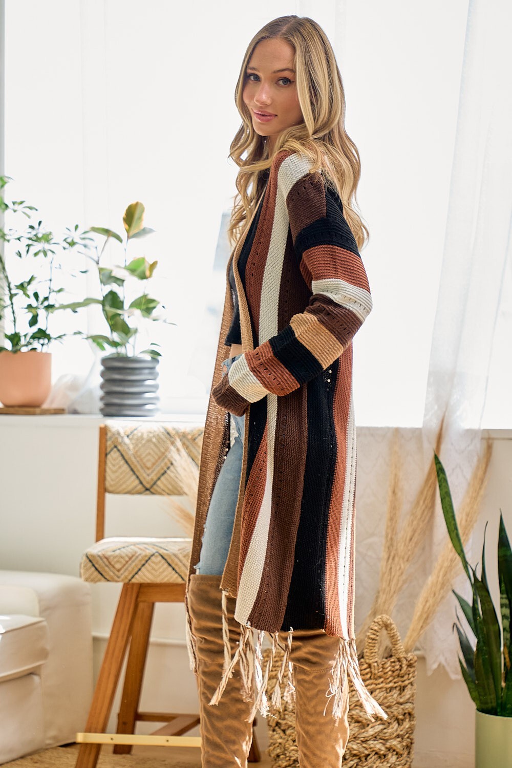 nwt ON BLUE STRIPED fringe BOHEMIAN DUSTER CARDIGAN sweater WRAP Choco ...