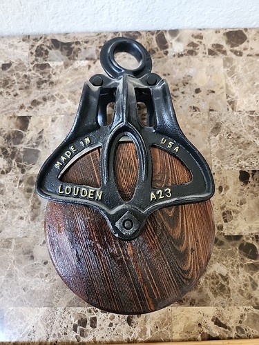 Vintage LOUDEN A23 Cast Iron Wood LARGE BARN ROPE PULLEY 6" Wheel Made ...