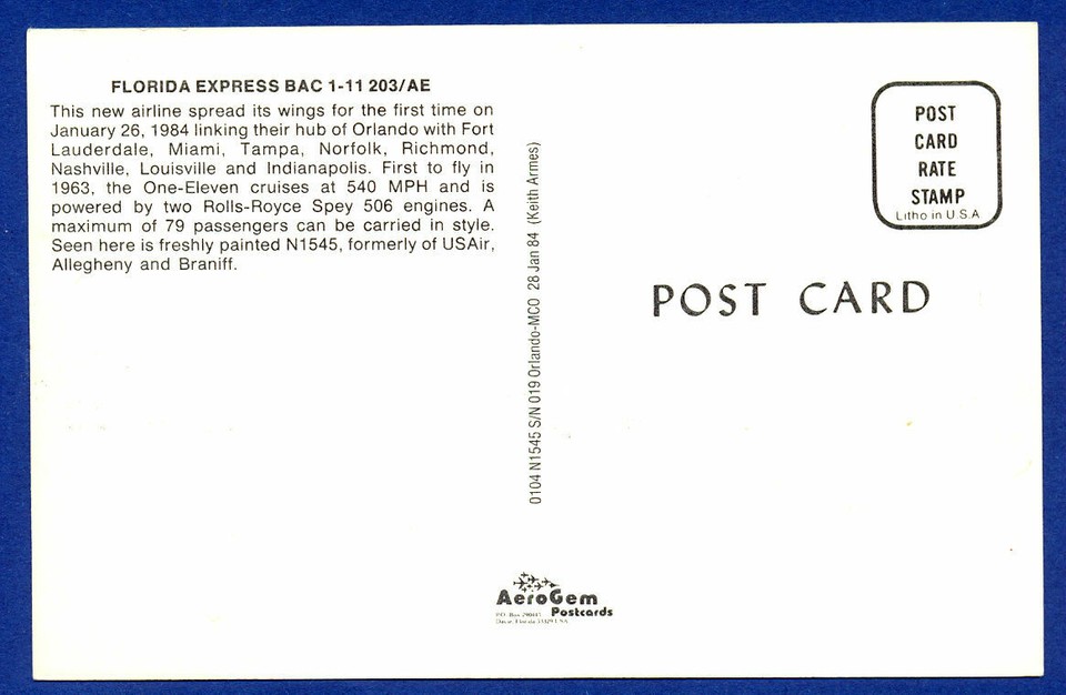 Florida Express BAC 1-11 203AE Postcard | eBay