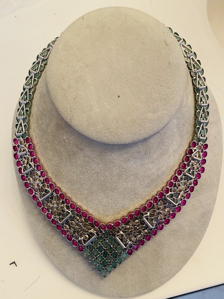 New Natural Emerald, ruby, champagne zircon, white topaz Necklace ...