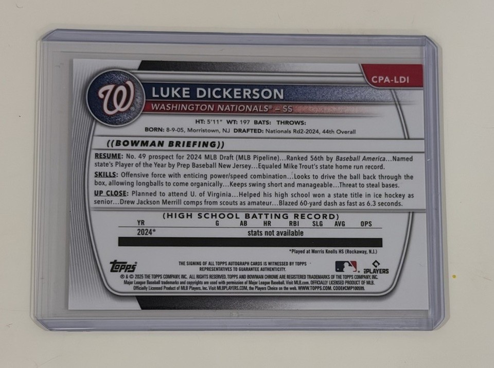 2025 Bowman Chrome 1st Luke Dickerson On Card Auto #CPA-LDI Washington ...