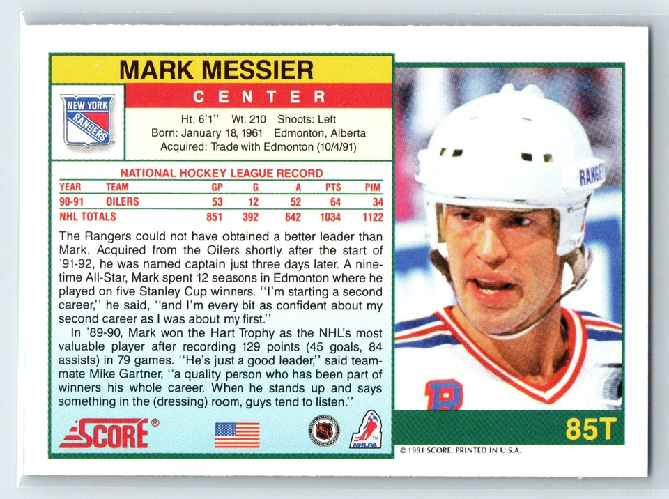 Mark Messier 1991 Score NHL Rookie and Traded #85T | eBay