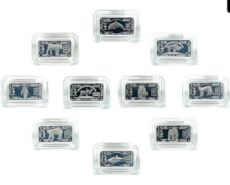 Metal Magery Ten Unique Animal One Gram .999 Pure Silver Bars with ...