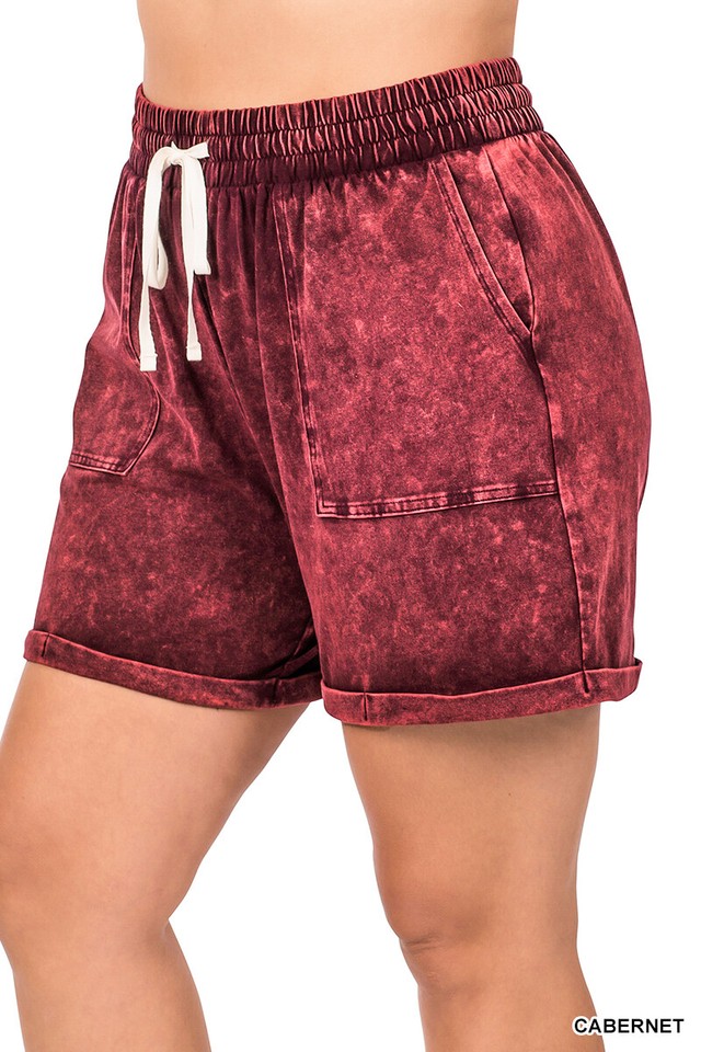 1X 2X 3X Women's Mineral Wash Drawstring Elastic Waist Cuffed Shorts w ...
