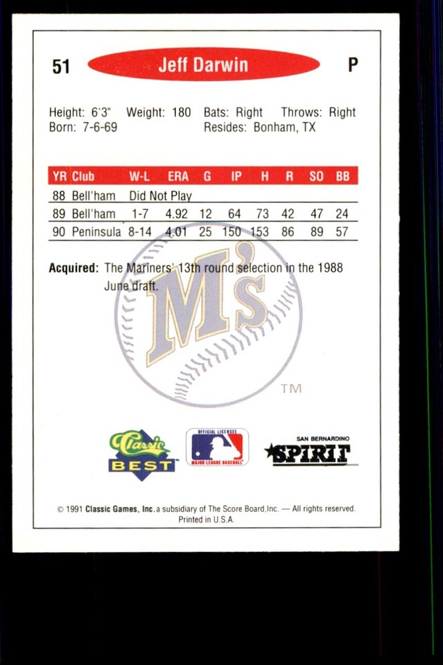 1991 Classic Best Minor League Jeff Darwin Baseball Cards #51 | eBay