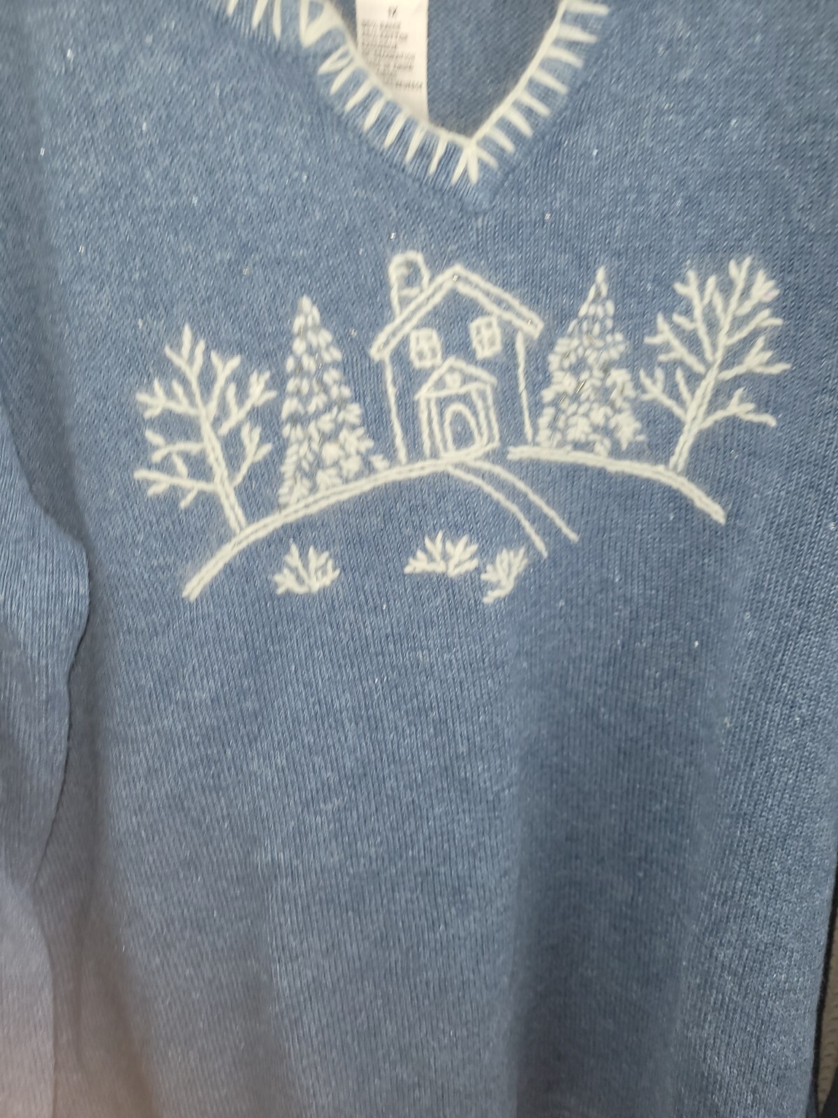 Quacker Factory Blue Knit Sweater Embroidered Winter Scene Whip Stitch ...