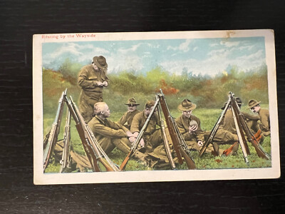 WWI 1918 colorized postcard AEF soldiers Army troops Resting at Wayside ...