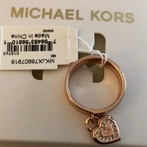 MICHAEL KORS Rose Gold Ring MK Logo Heart Charm Crystals MKJ7890791 ...