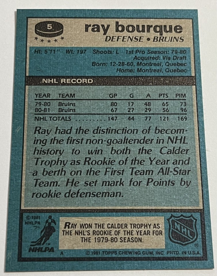 1981-82 Topps Ray Bourque #5 Very Clean Card Bruins Avalanche Great ...