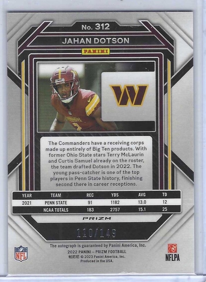 JAHAN DOTSON 2021 PANINI PRIZM RUBY RED WAVE PRIZM ROOKIE AUTO RC #D ...