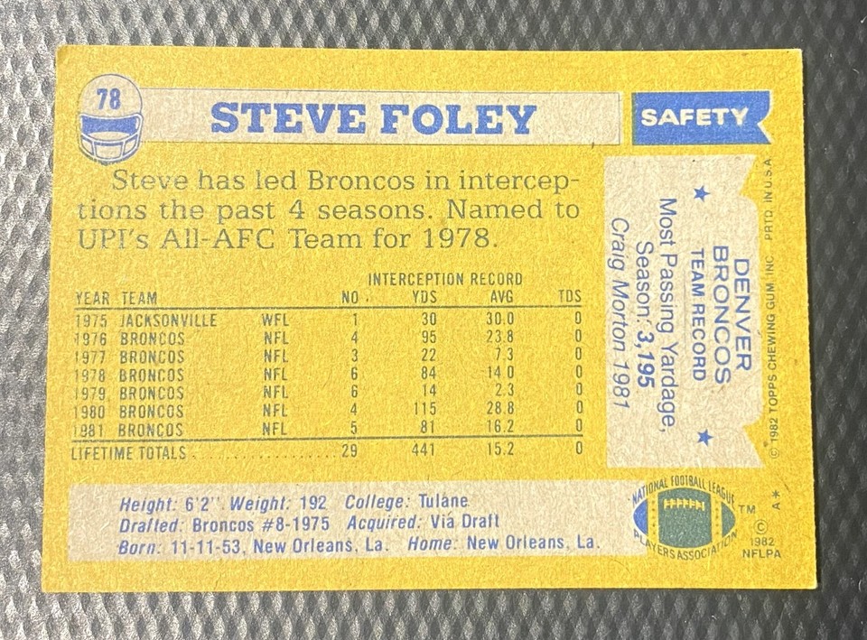 1982 STEVE FOLEY Topps NFL Rookie Card #78 Denver Broncos All-Pro (EX ...