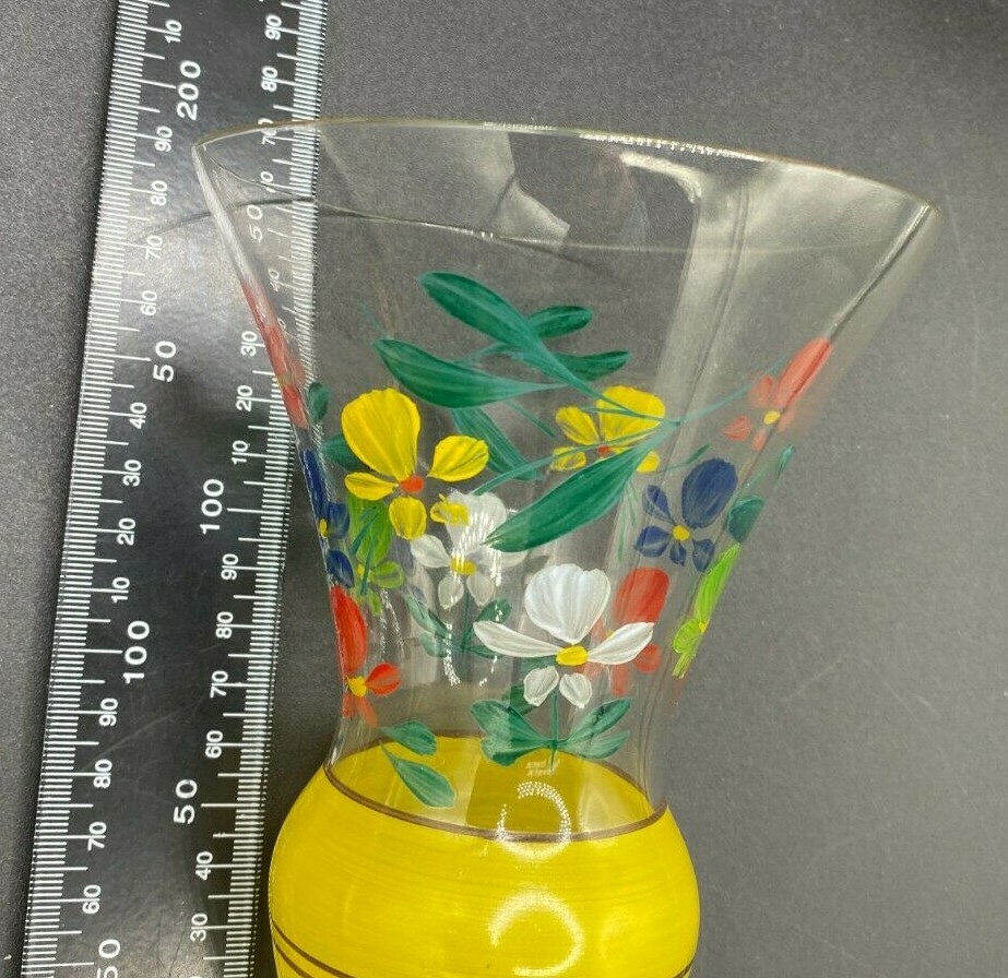 Vase Clear Wide Glass 6" Yellow, Red, White & Blue Hand Painted Flowers ...