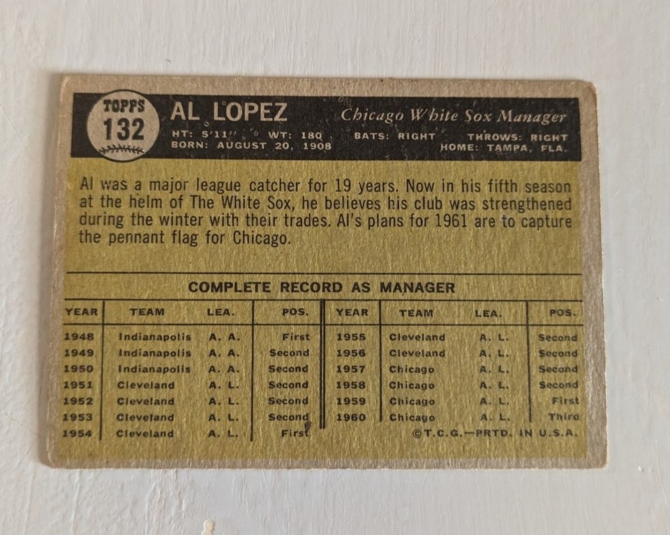 Al Lopez 1961 Topps Baseball Manager Card #132 Chicago White Sox | eBay