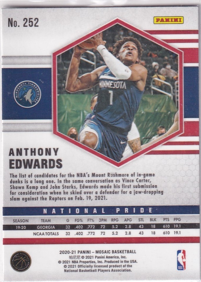 2020-21 Mosaic NBA Basketball No. 252 Anthony Edwards Rookie | eBay