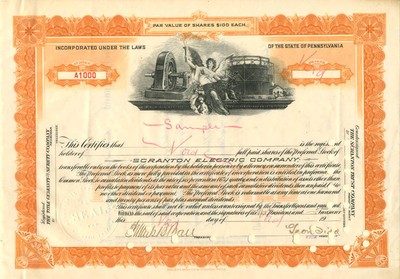 Scranton Electric Co. - Sample Stock Certificate - Railroad Stocks | eBay