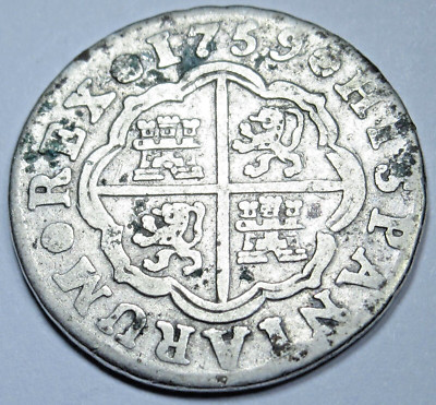 1759 Spanish Silver 1 Reales Genuine 1700's Colonial Cross Pirate ...
