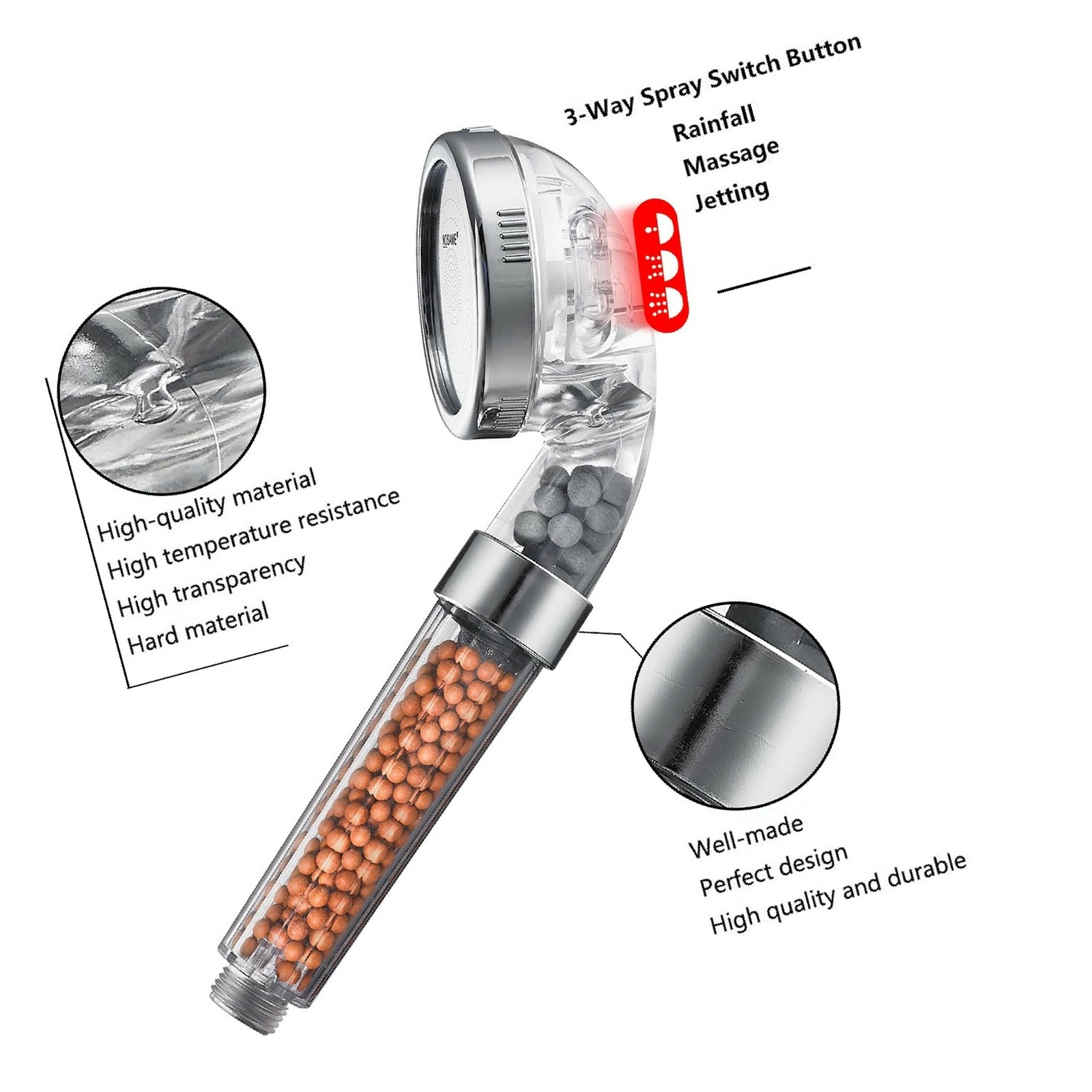 Nosame Shower Head Filter Filtration High Pressure Water Saving 3 Mode