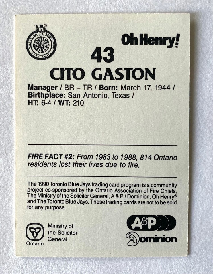 Cito Gaston Signed 1990 Toronto Blue Jays Fan Club Baseball Trading ...