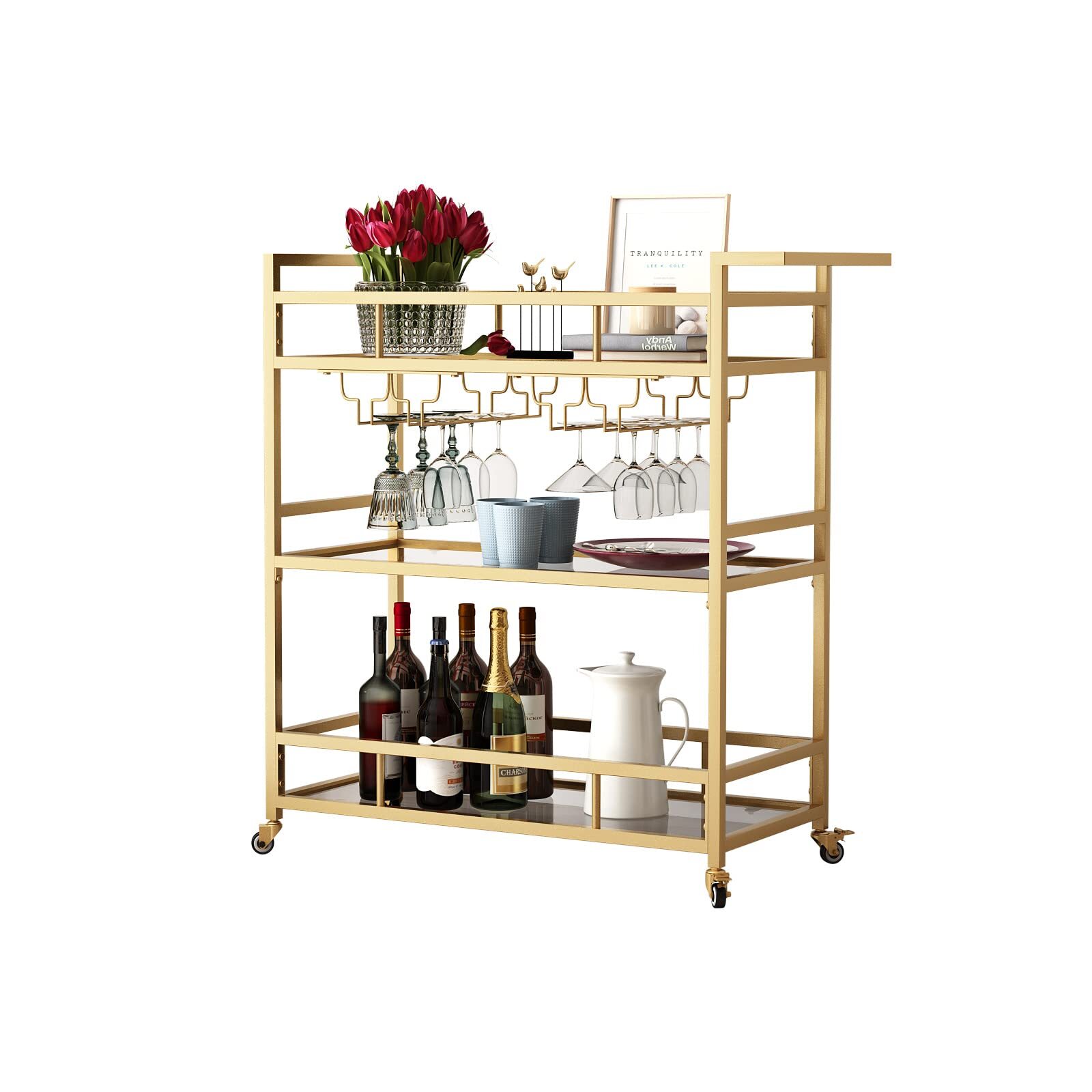 Gold Bar Carts With 3 Tier Glass Shelves Rolling Serving Bar Cart With ...