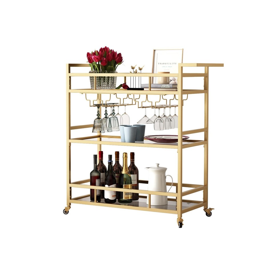 Gold Bar Carts With 3 Tier Glass Shelves Rolling Serving Bar Cart With Wine Rack | eBay