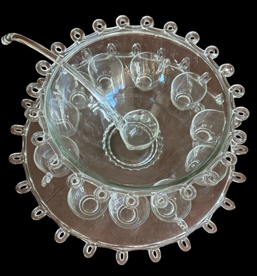 vintage HEISEY LARIAT Punch Bowl With 11 Cups And 20” Underplate with ...