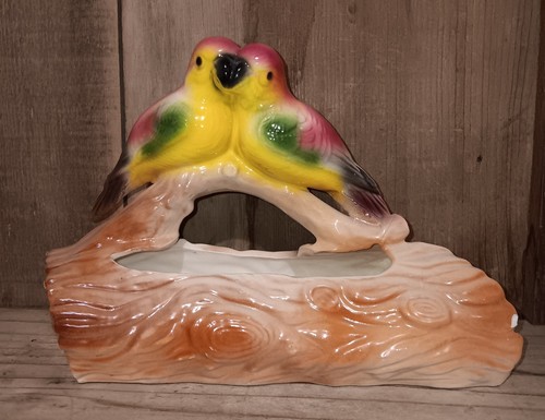 Vtg. Love birds on log ceramic Planter Parrots | eBay