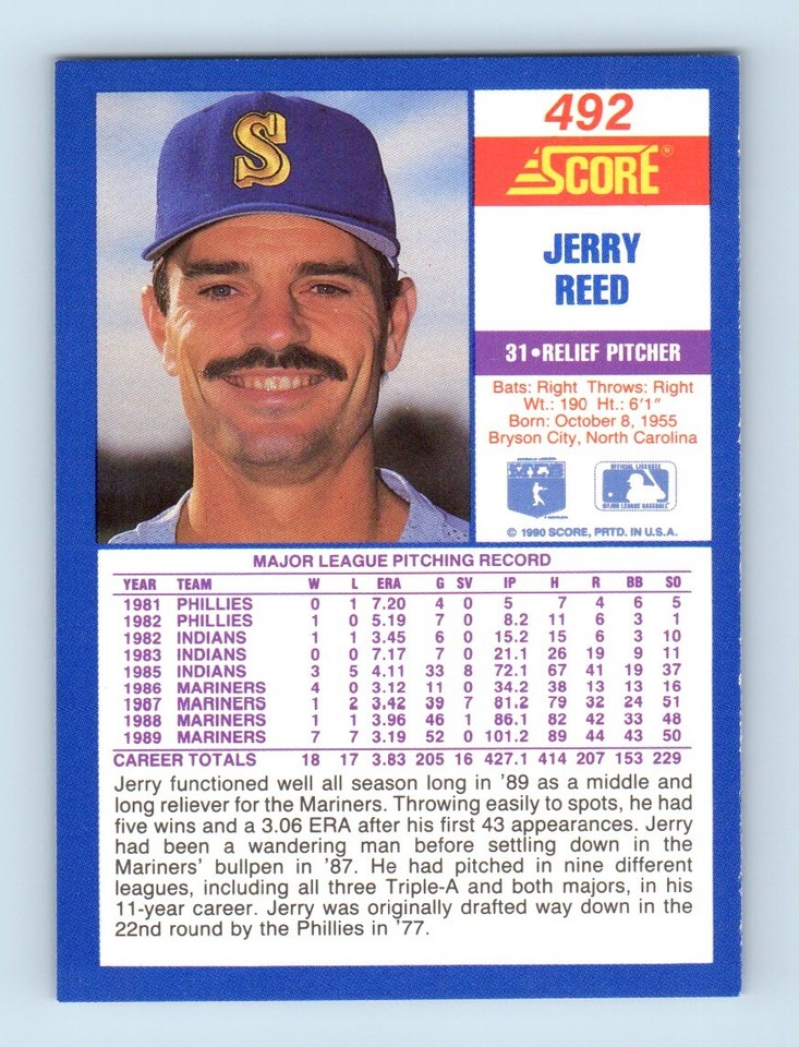 1990 Score Jerry Reed Seattle Mariners #492 | eBay