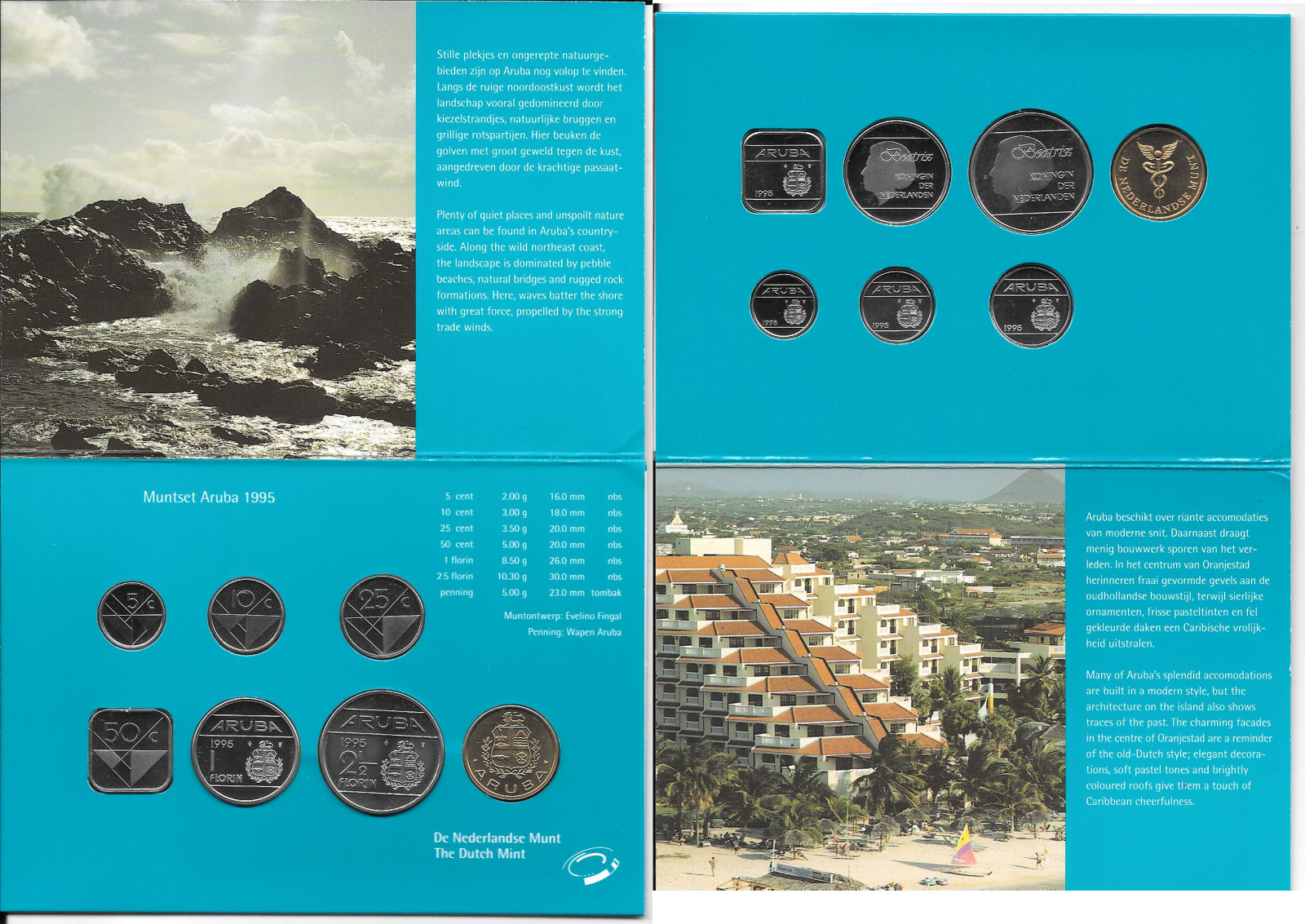 ARUBA 1995 COIN SET of 6 Coins 5 Cent- 2-1/2 FLORIN + 1 Aruba Token UNC ...