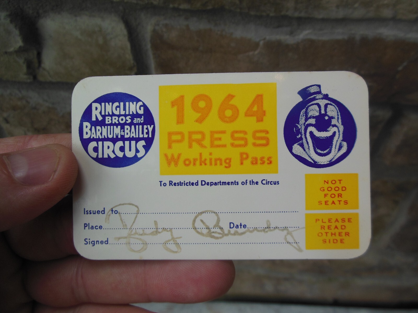 Rudy Bundy Ringling Bros & Barnum Bailey Circus Press Working Pass 1964 ...