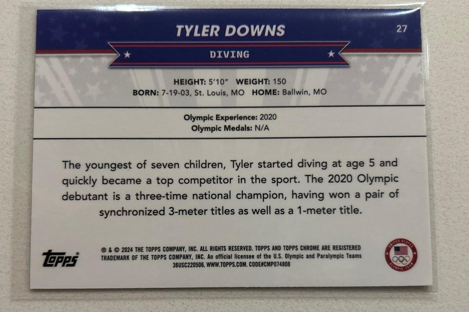 2024 Topps Chrome Olympic Tyler Downs RC #/99 Green Refractor 27 USA ...