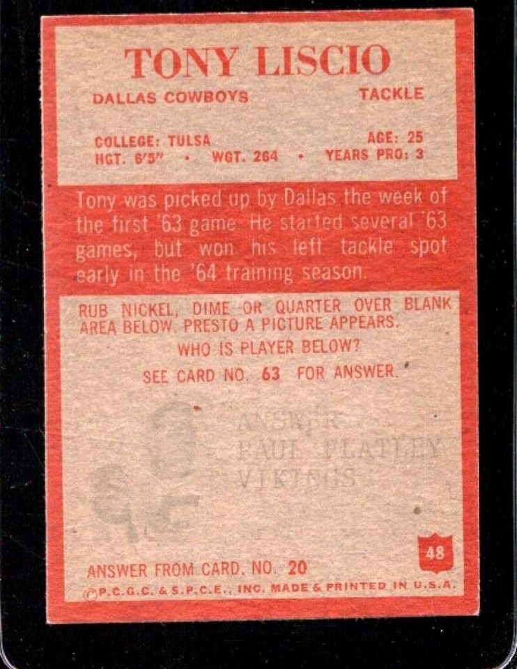 1965 PHILADELPHIA #48 TONY LISCIO EX (RC) COWBOYS *X32973 | eBay