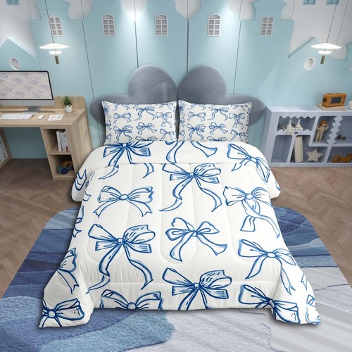 Blue Bow Bedding Set Cute Bowknot Comforter Set for Kids Boys Girls ...