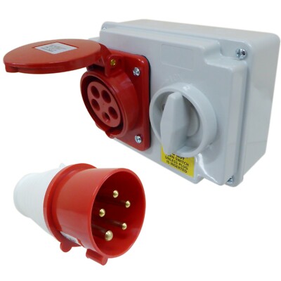 16 Amp 5 Pin 400V IP44 3 Phase Interlock Switch Socket and Plug 16A 3P ...