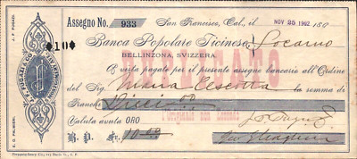 1902 SWISS BANK USED CHEQUE antique banking check SAN FRANCISCO ...