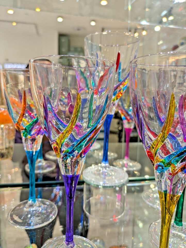 CC ZECCHIN MURANO Wine Glass, Rainbow Swirl Pattern 8-1/8” Tall, Set of ...