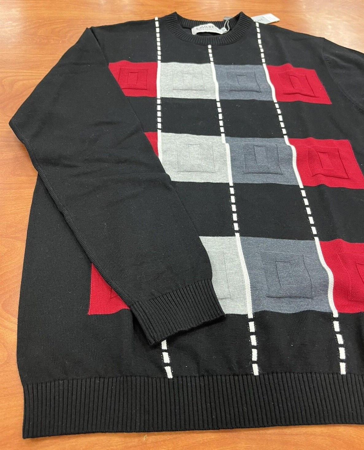 NEW LAVANE Men's Fancy Crewneck Knit: Black/Red/Lt Grey/Dark Grey = M ...