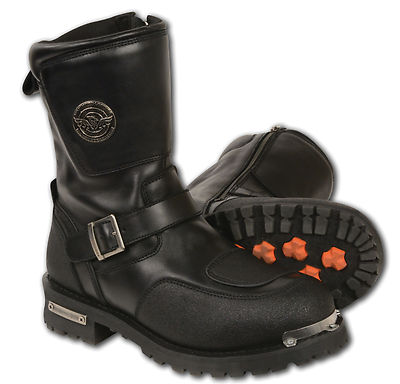 Mens Black Leather Updated Strap Boot w/ Reflective Piping Gear Shift ...