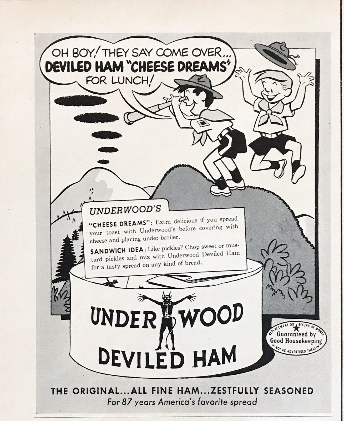 1954 Underwood Deviled Ham PRINT AD Boy Scouts Cartoon Cheese Dreams | eBay