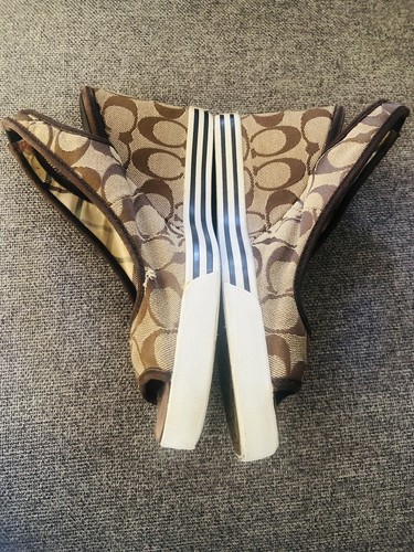 COACH Sydney Signature Brown Sz 8M Peep Toe Sling Back Wedge Sandals ...