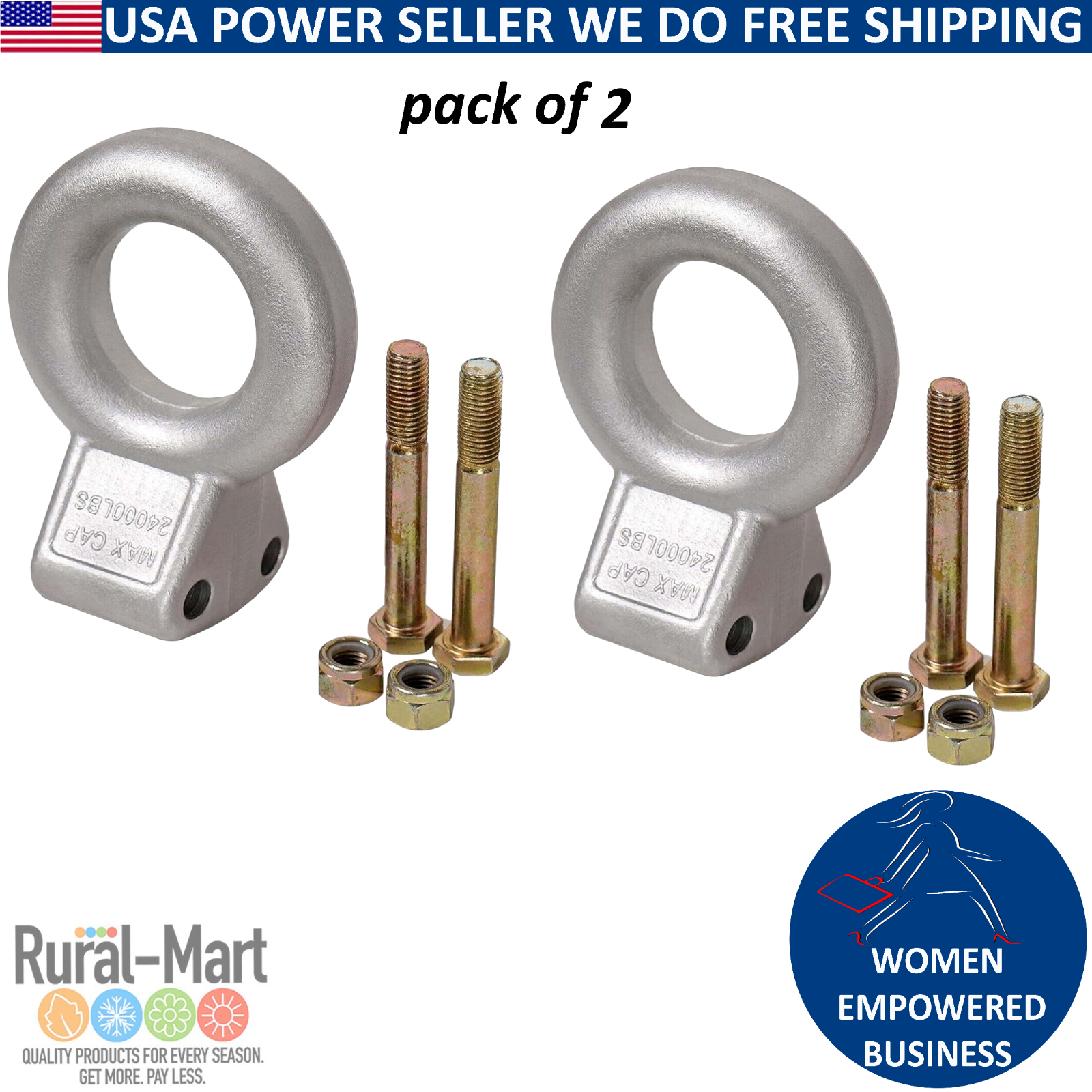 2 PACK 3"Lunette Eye Pintle Ring. Zinc Plated. 24000 lb Channel Bracket ...