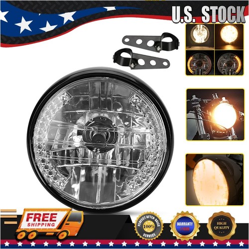 7" inch Round Led Amber Headlight High-Low Beam Black Brackets Screws ...