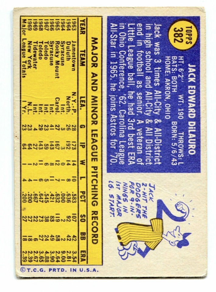 1970 Topps #382 Jack DiLauro ROOKIE Baseball Card - Houston Astros | eBay