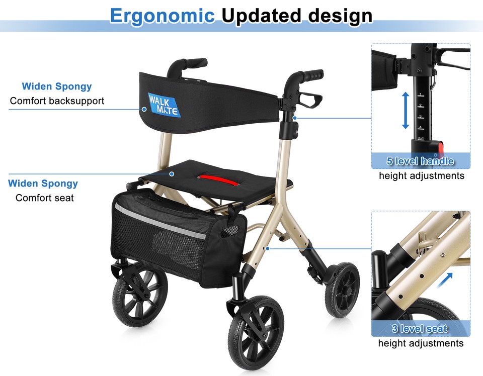 Walk Mate Rollator Walker Heavy Duty Folding 300lb Rolling Wide Seat w ...