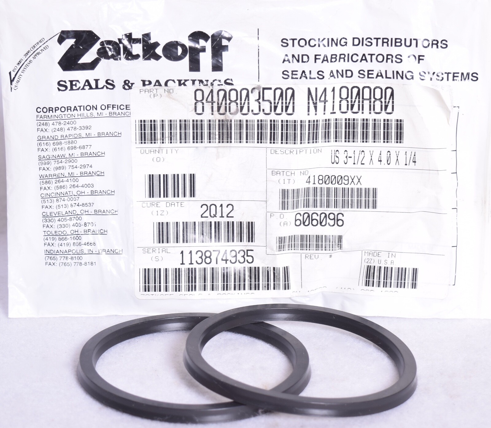 2 Count Zatkoff Seals 840803500 N4180A80 3-1/2" X 4.0" X 1/4" | eBay