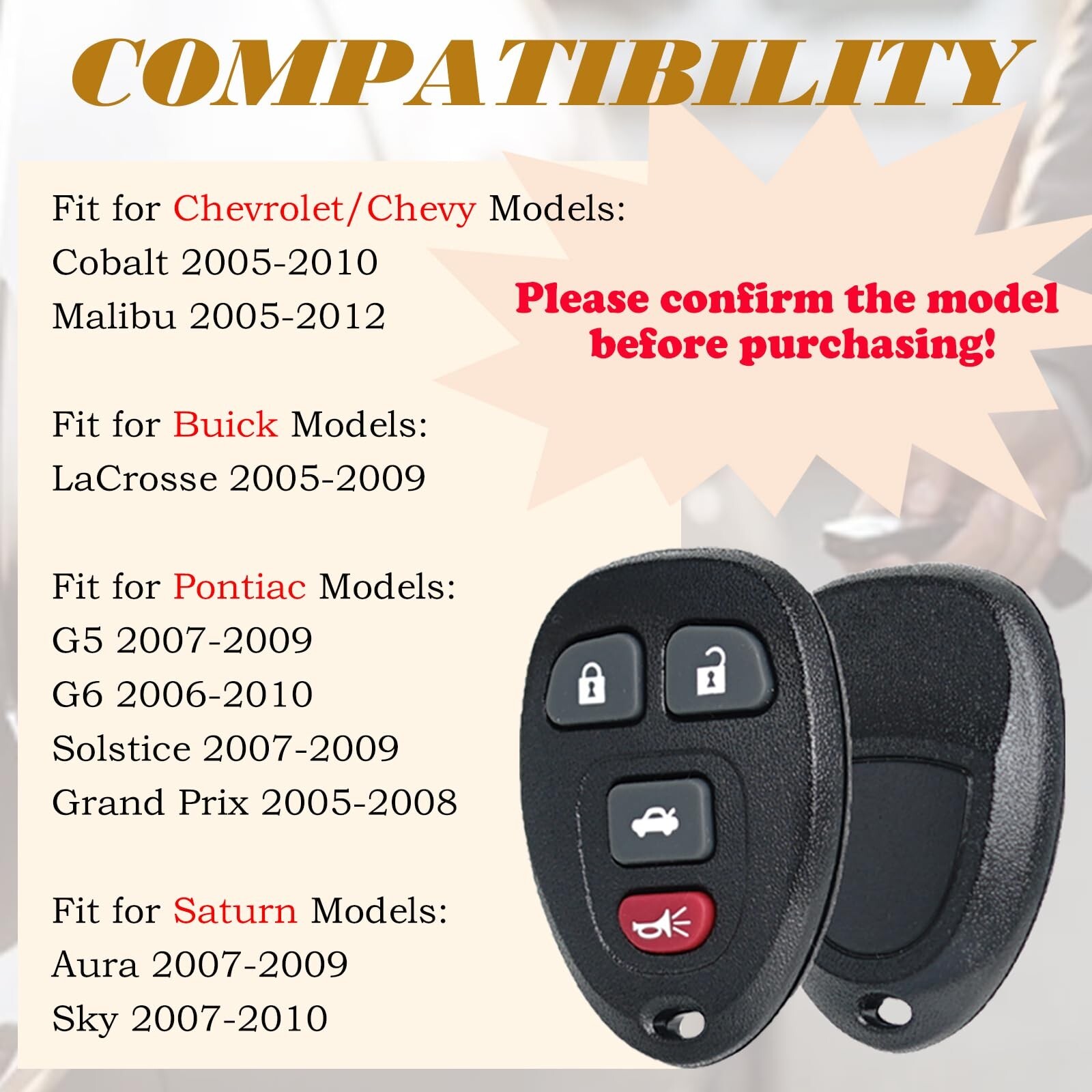 Keyless Entry Remote Control Key Fob Replacement Fits for Chevy Malibu ...