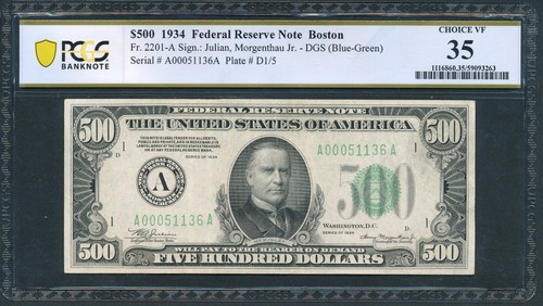 1934 $500 Five Hundred Dollar Bill Scarce Boston Currency Note PCGS-B ...