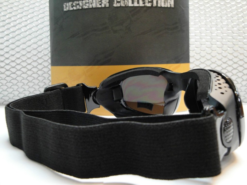 PADDED Biker MOTORCYCLE RIDING GLASSES GOGGLES With Strap Black Frame ...