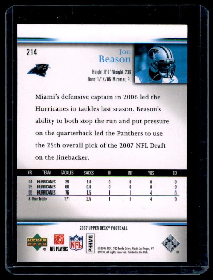 2007 Upper Deck Star Rookies Rookie Exclusives Edition Jon Beason 0956 ...