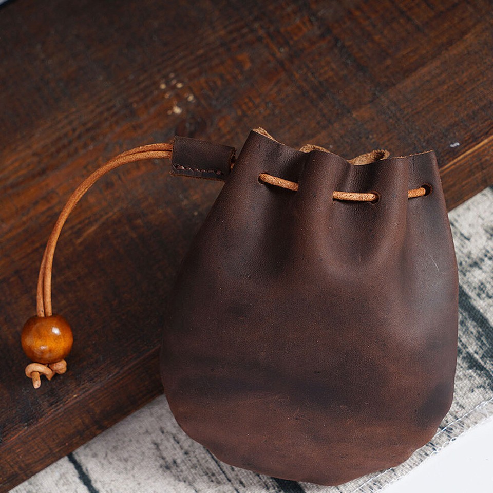 Drawstring Bag Genuine Leather Wallet Coin Pouch Case Purse For Men ...