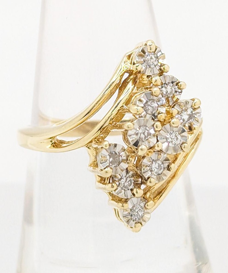 14K Yellow Gold 5.8g Illusion Diamond Cluster Bypass Split Shank Ring ...